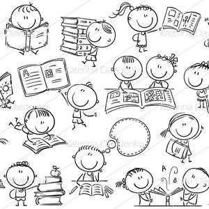 Cartoon Doodle Kids With Books Clipart Set. Children Vector ...