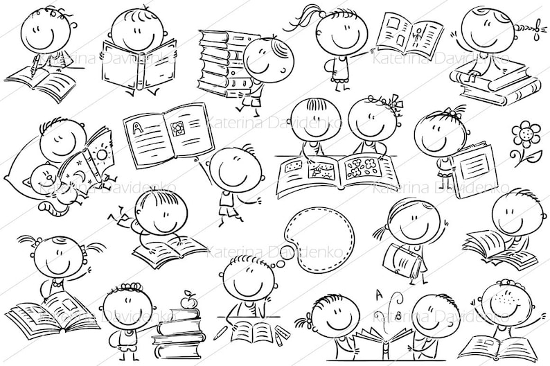Cartoon Doodle Kids With Books Clipart Set Child's - Etsy
