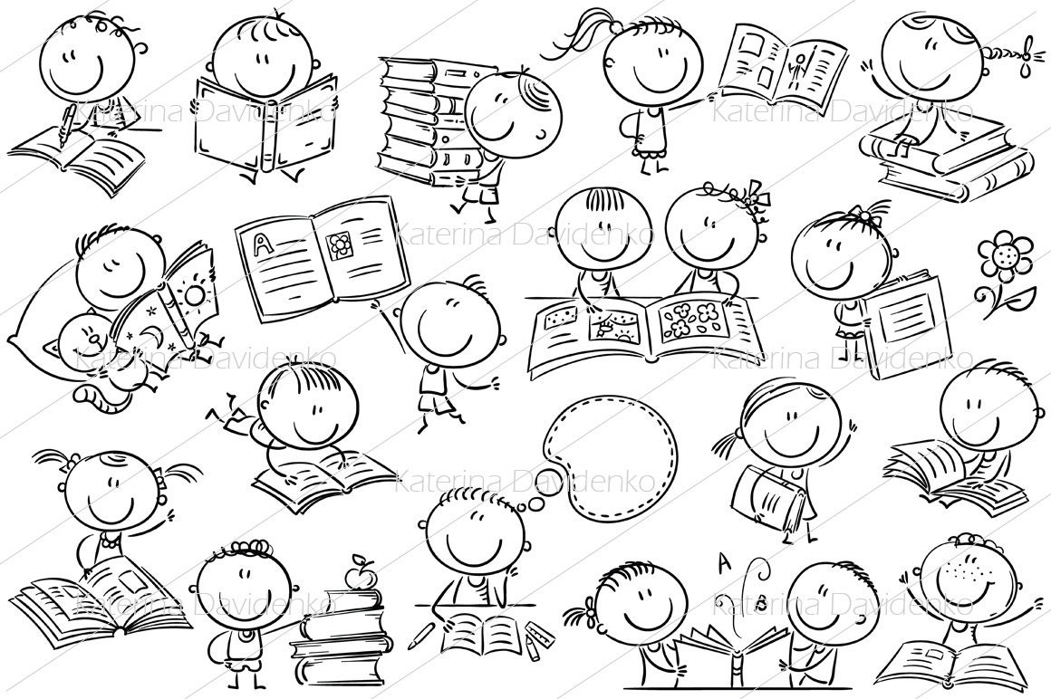 Cartoon Doodle Kids With Books Clipart Set. Children Vector ...
