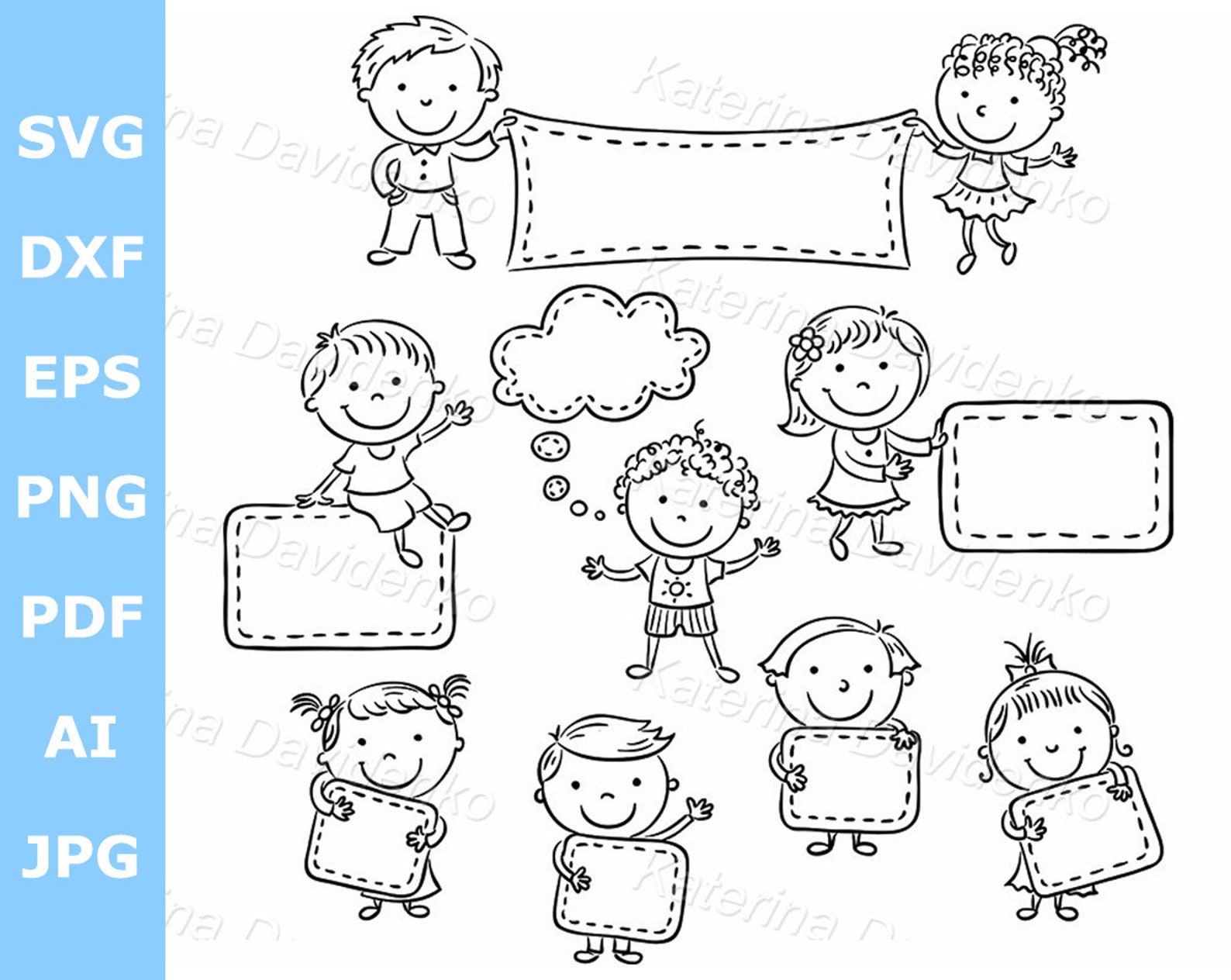 Black and White Kids With Blank Signs, Cartoon Child Speech Bubble ...