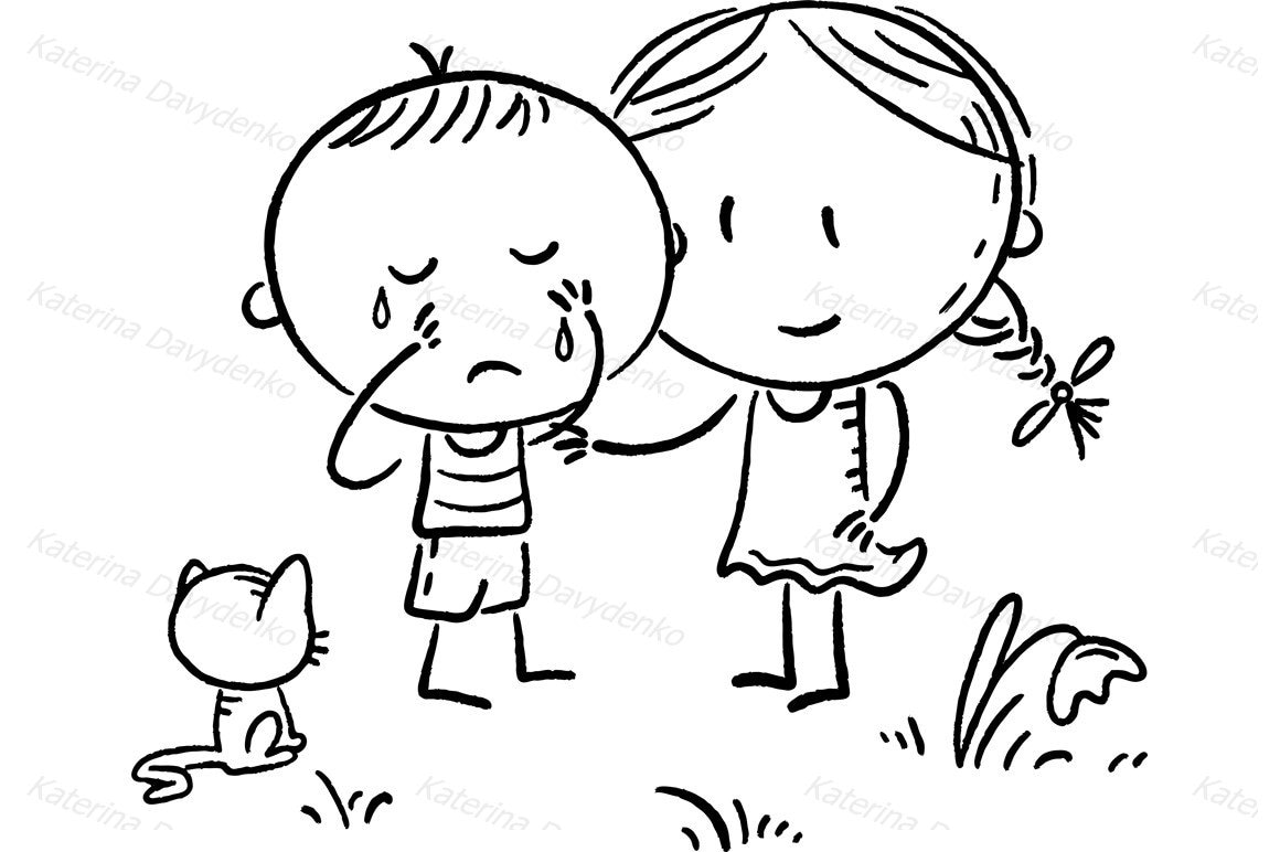 Cartoon Doodle Little Boy Crying and a Girl Comforting Him. Kids ...