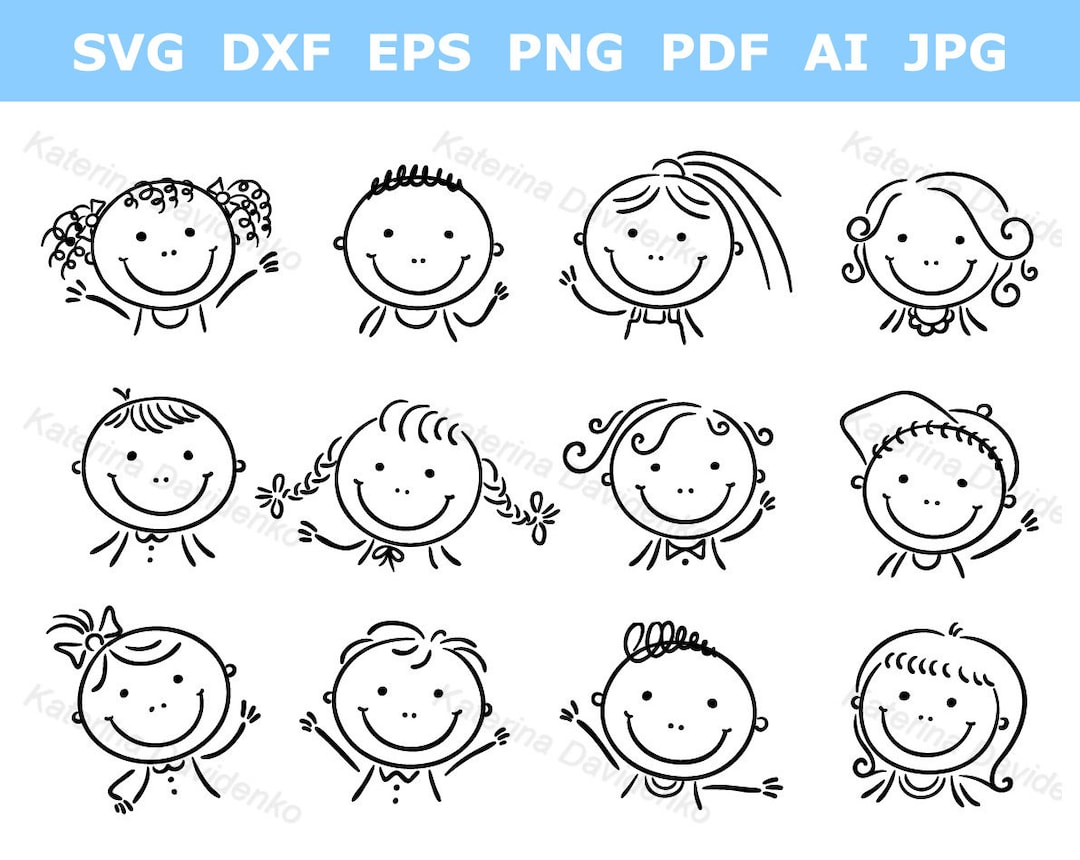Doodle Face Kids Clipart Set Outline Children Clip Art Happy Kids ...
