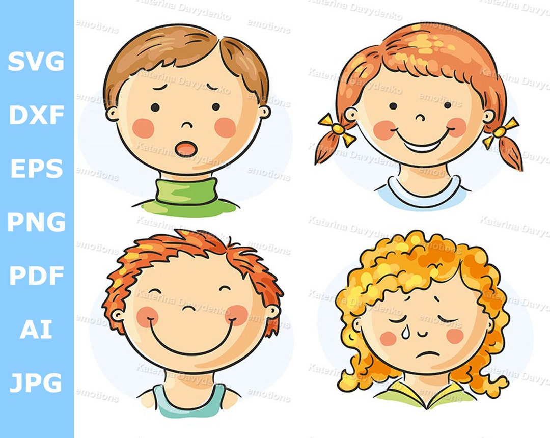 Cartoon Kids Faces Emotions Clipart. Set of 4 Pictures With Cartoon ...