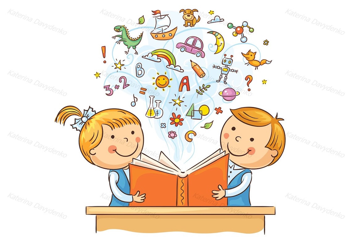 Kinder lesen gemeinsam ein Buch. Bildung Clipart Kinder | Etsy