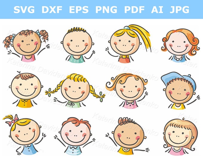 Kids Faces Svg Png Dxf, Doodle Boys Girls Head Clipart, Children Faces ...