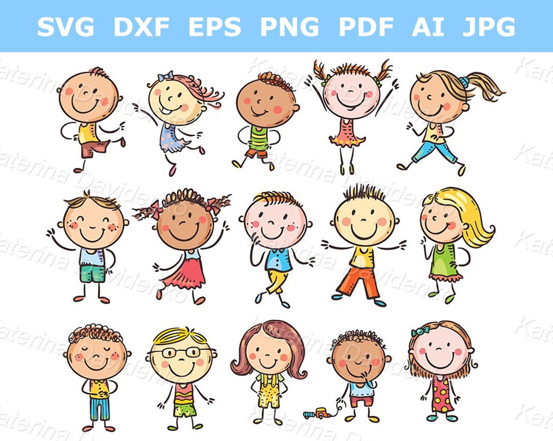 Hand Drawn Cartoon Chilren Doodle Cute Happy Kids Image Clipart Set - Etsy