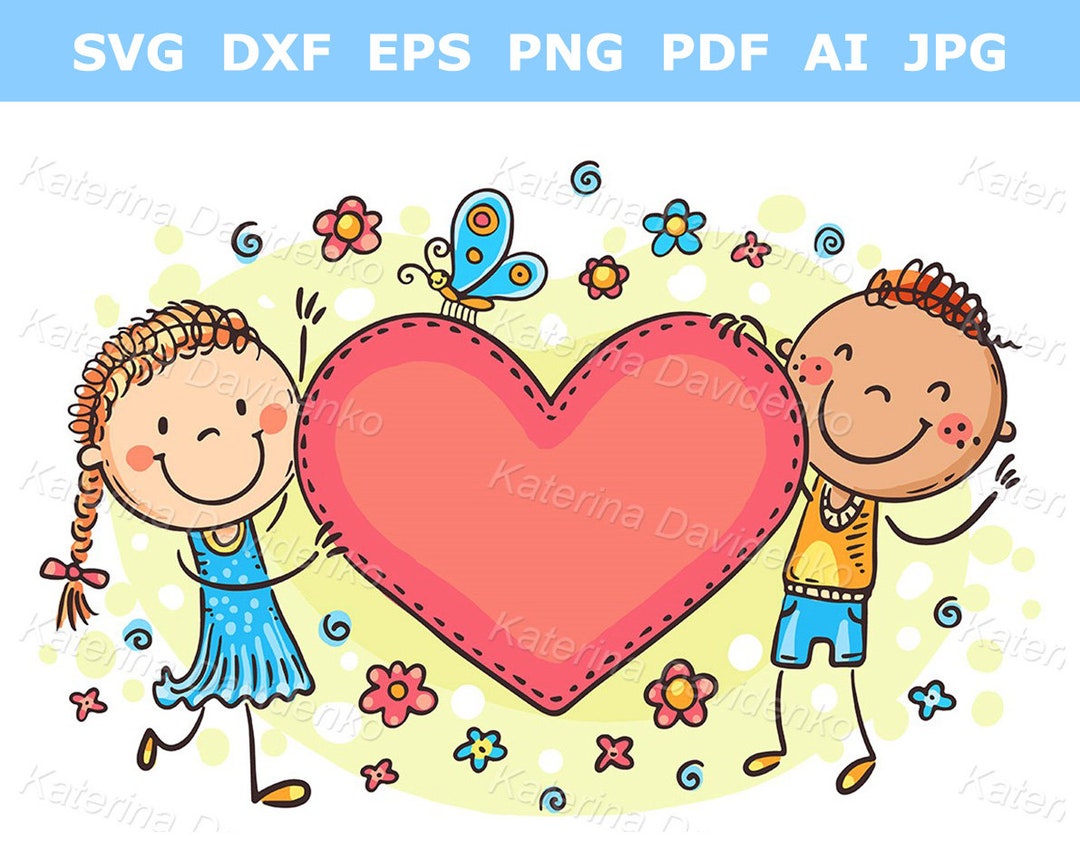 Valentine's Day Clipart - Doodle Cartoon Kids Holding Heart With a ...