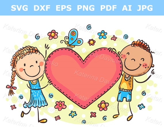 Doodle Cartoon Kids Holding Heart With a Blank Space for Your - Etsy