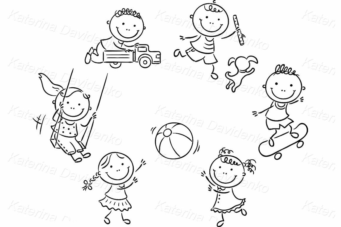 Happy Cartoon Doodle Kids Playing Outdoors Children - Etsy