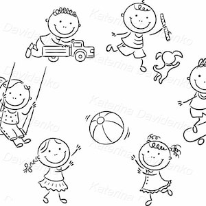 Happy Cartoon Kids Playing Outdoors. Children Activities Clipart Set ...