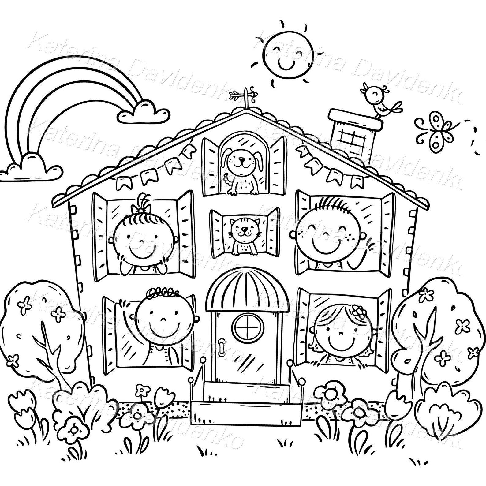 Happy Cartoon Kids in the House SVG Clipart. Doodle Children Playing at ...
