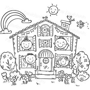 Happy Cartoon Kids in the House SVG Clipart. Doodle Children Playing at ...