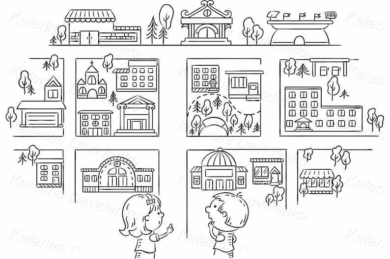 Cartoon Illustration of City Plan and Buildings With Signs - Etsy