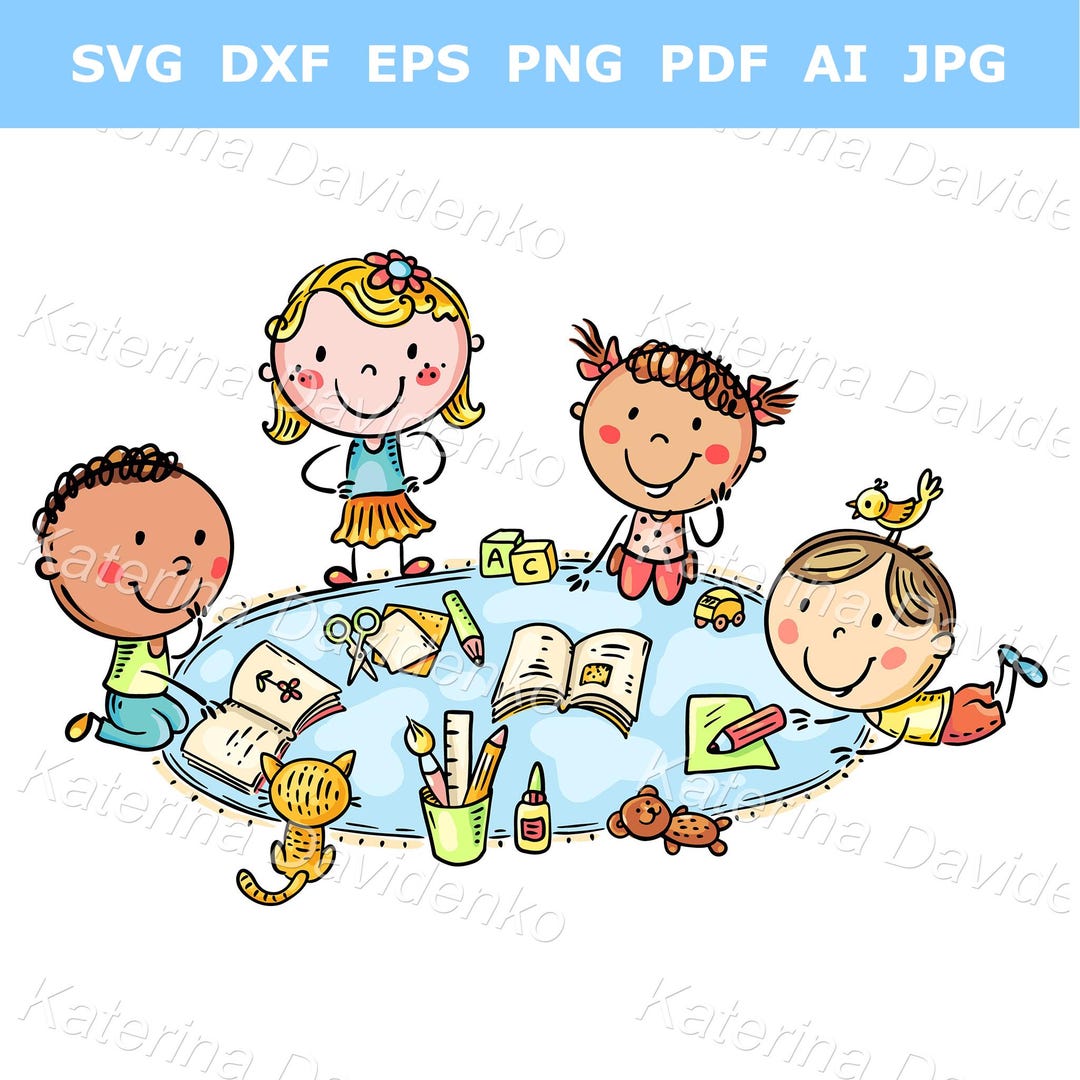 Cartoon Kindergarten Kids Playing on the Carpet. Children Do Creative ...