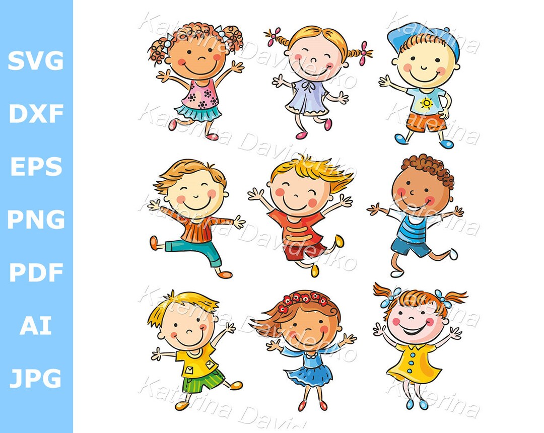 Cartoon Happy Kids Clipart Set SVG PNG PDF Children Clipart. Nine Happy ...