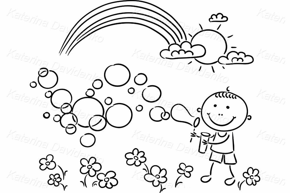 Cartoon Little Boy Blowing Soap Bubbles Outdoors Kid Clipart - Etsy