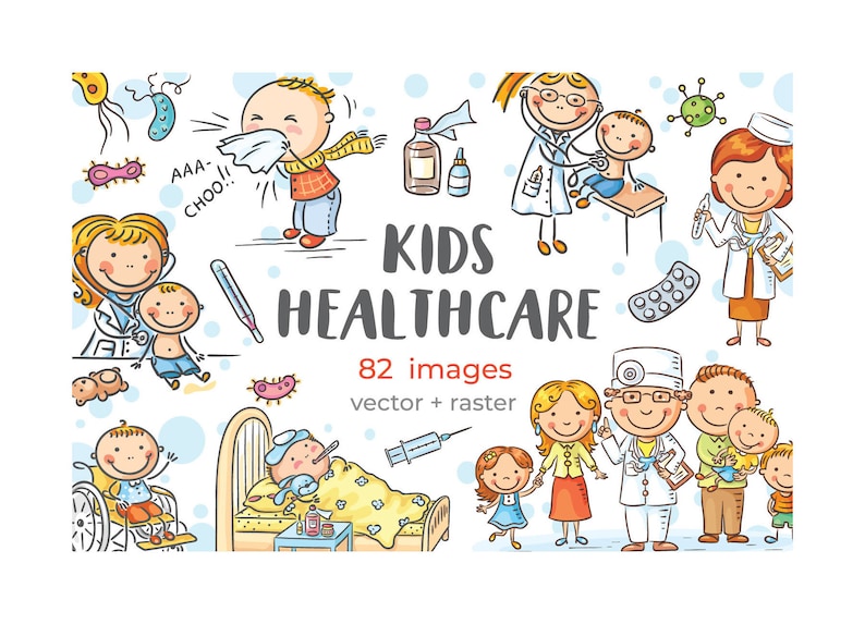 Kids Healthcare Clipart Bundle. Doodle Kids and Doctors, Cartoon Vector ...