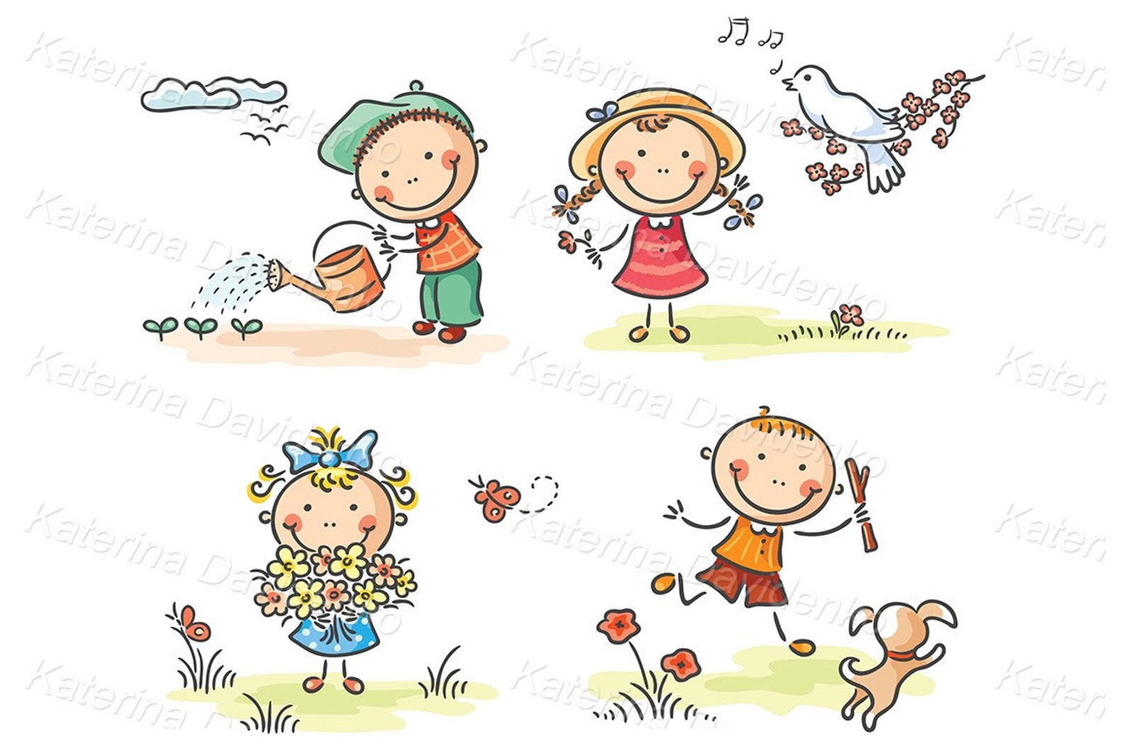 Cartoon Doodle Kids Clipart Children Spring Activities - Etsy