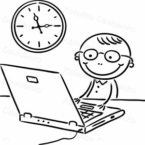 Little Cartoon Kid in Glasses at the Computer. Cute Child Working on a ...
