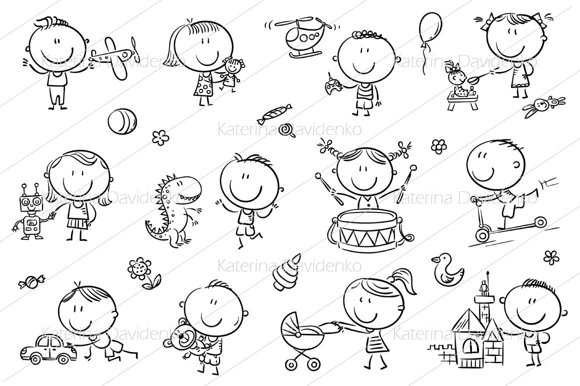 Doodle Kids With Toys Clipart Set. Cartoon Little Children Clip Art ...
