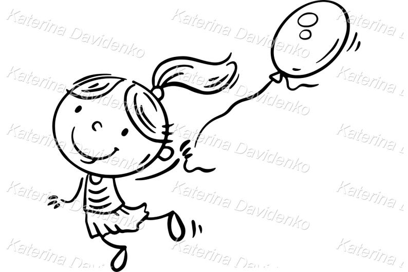 Outline Happy Cartoon Kids Running Together. Black and White Cute ...