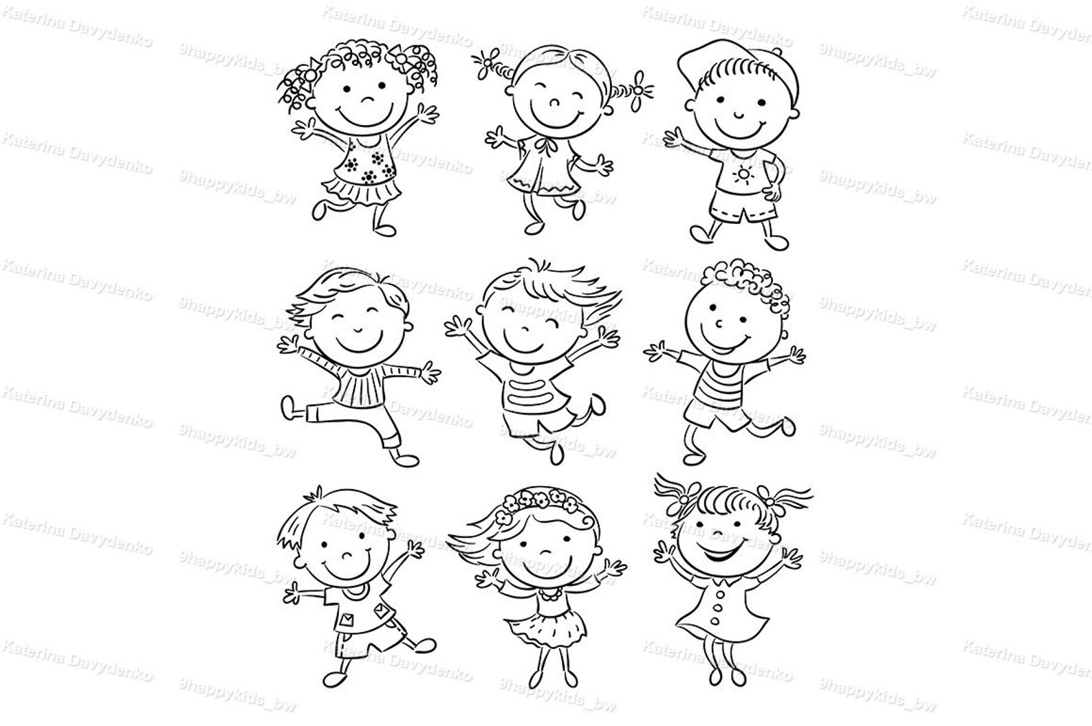 Cartoon Happy Kids Clipart Set SVG PNG PDF Children Clipart. Nine Happy ...