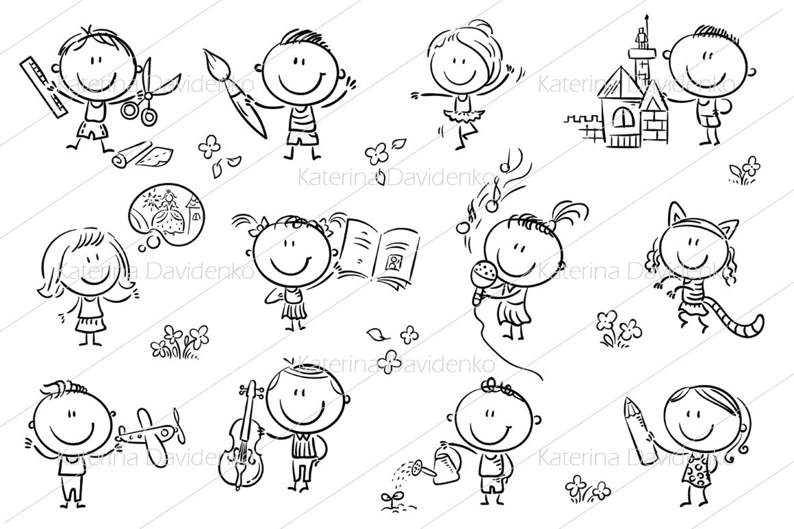Kids Creative Activities Clipart Set. Cute Cartoon Children Painting ...