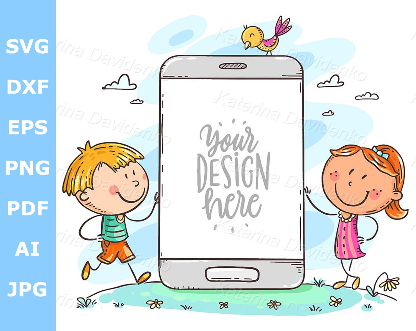 Happy Kids With Mobile Phone With a Blank Space for Your Text - Etsy