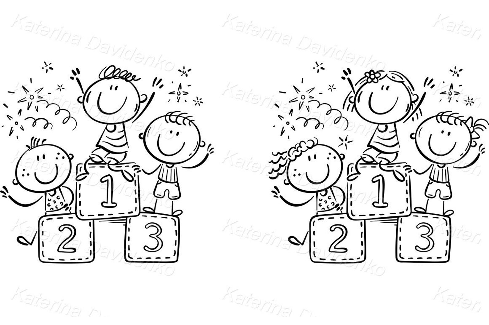 Happy Cartoon Kids Winners of a Competition, Champions Celebrating ...