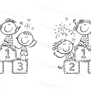Happy Cartoon Kids Winners of a Competition, Champions Celebrating ...