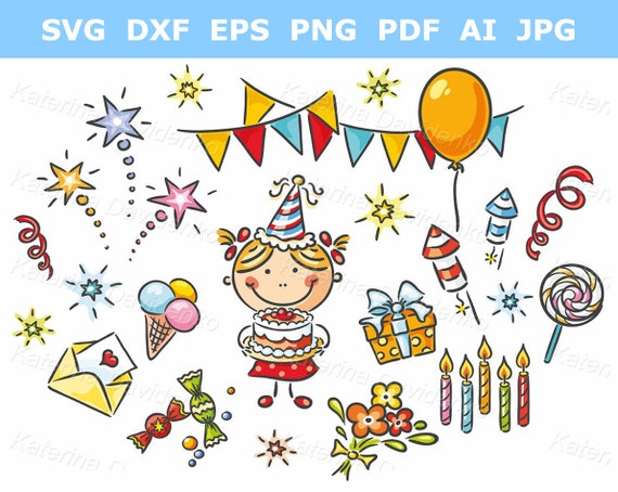 Kid Birthday Clipart Set Happy Little Girl Having Birthday - Etsy