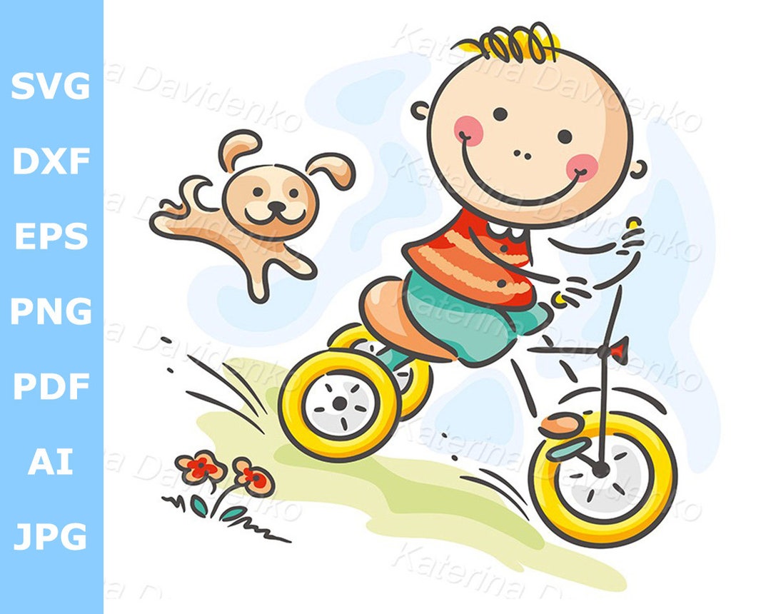 Cartoon Boy Riding His Tricycle, Doodle Kid Clipart, Hand Drawn Vector ...