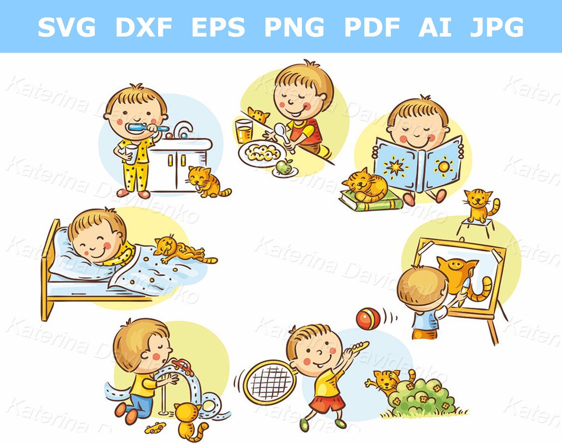 Kids Daily Activities Clipart Set. Cute Little Boy Daily Routine Clip ...