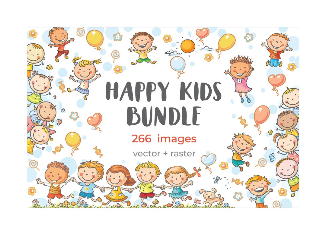 Cartoon Children Clipart. Happy Doodle Kids Bundle. Child Jumping With ...