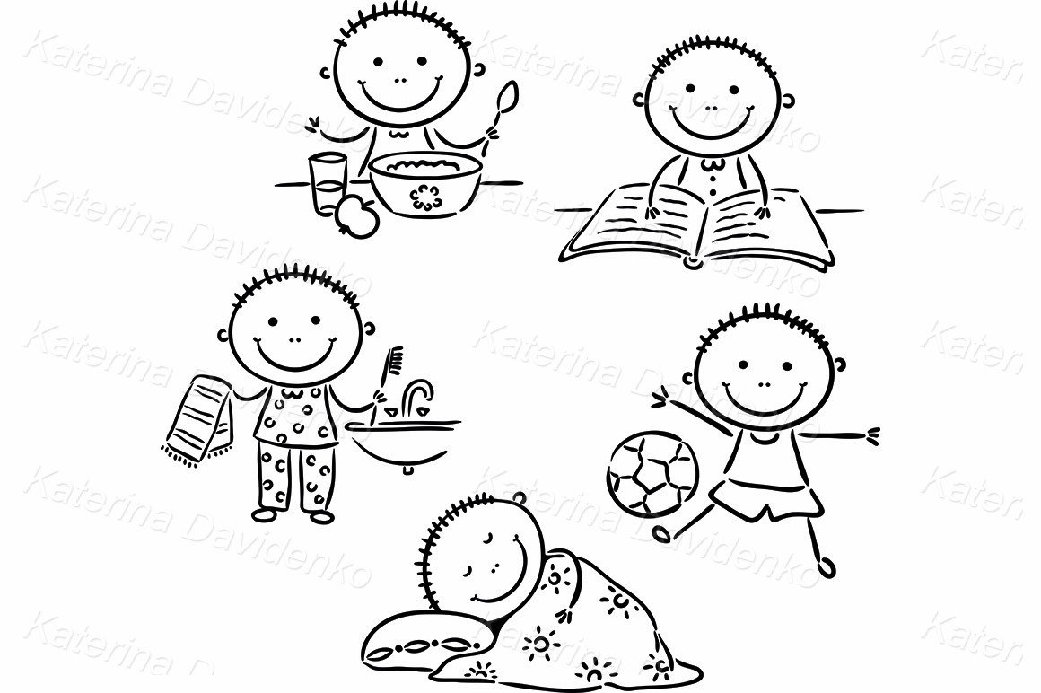 Cartoon Boy Daily Routine Clipart. Doodle Kid Activity Clipart. Vector ...