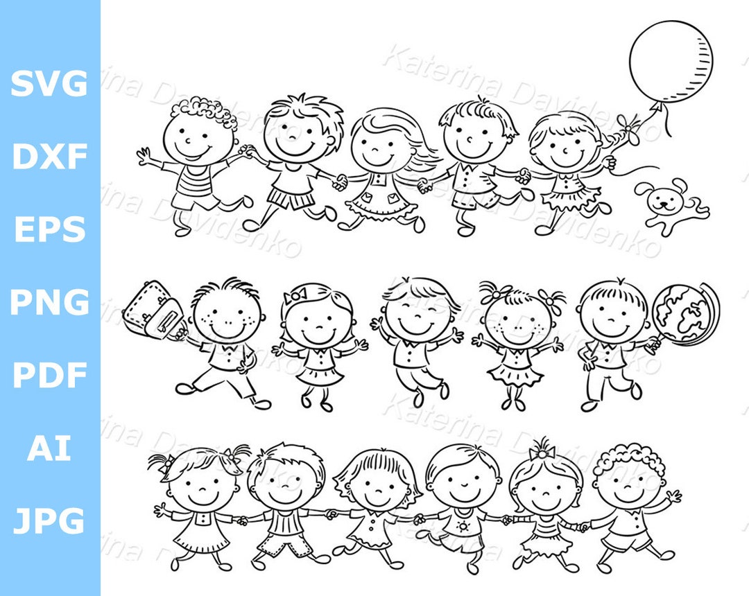 Happy Cartoon Kids Outline Clipart - Black and White Illustration - Svg ...