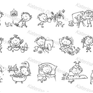 Cartoon Kids Daily Activities Clipart Set. Girl’s Life, Daily Routine ...