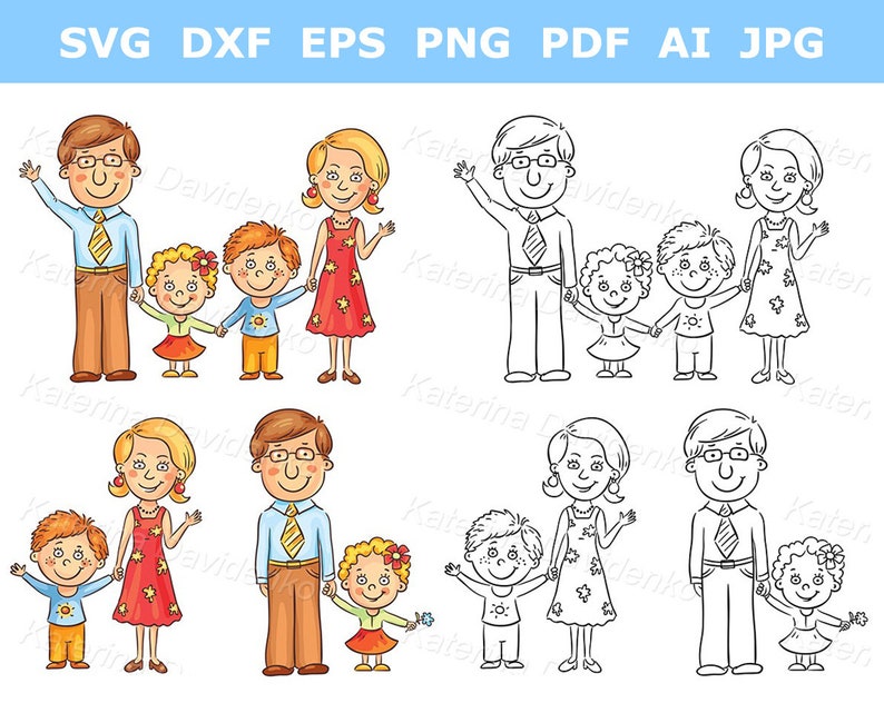 Cartoon Doodle Family Clipart. Happy Parents With Kids. Isolated ...
