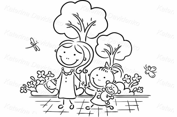 Clipart D'enfants Marchant En Noir Et Blanc