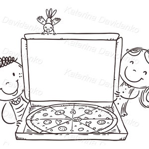 Doodle Happy Kids With Pizza. Children Clipart. Blank Space or Banner ...