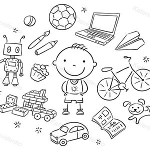 Doodle Kid With Toys. Cute Boy Standing With Different Object. Cartoon ...
