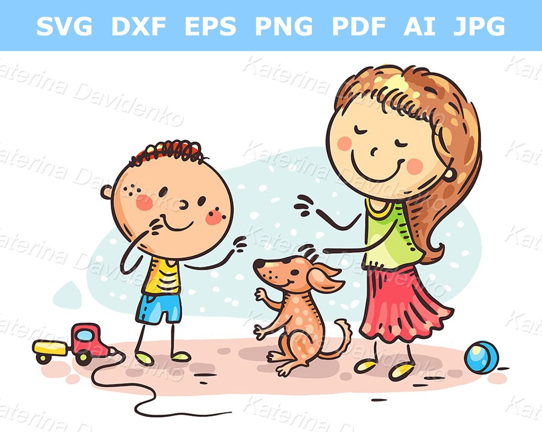 Family and Their Pet. Cartoon Family Clipart. Happy Doodle Family ...