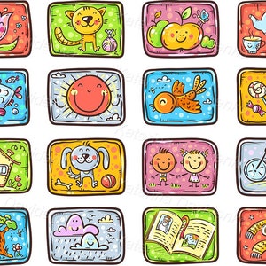 Colorful Cartoon Cards With Different Objects and Animals for Some Game ...