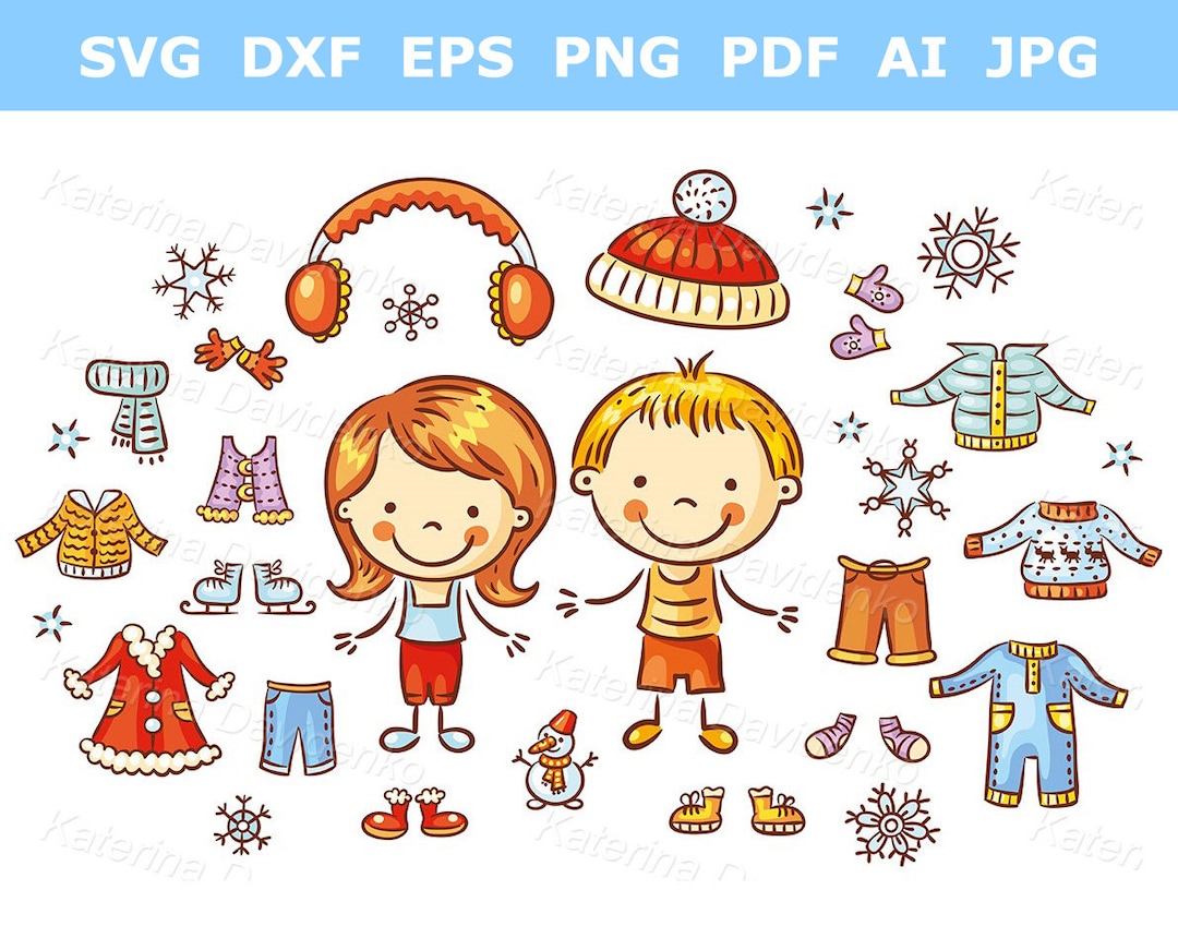 Winter Children Clothes Clipart Set. Cartoon Boy and Girl Illustration ...