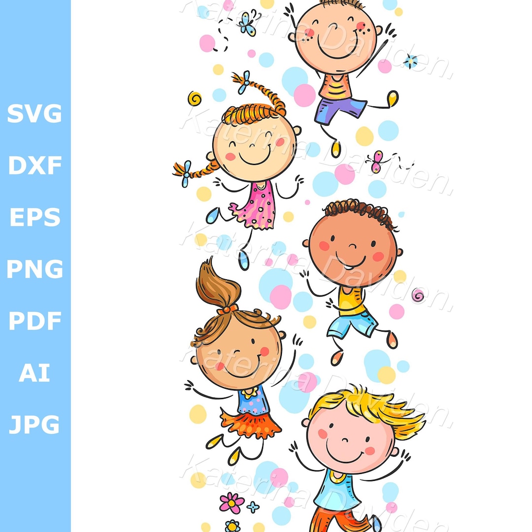 Happy Cartoon Kids Clipart. Doodle Children Jumping With Joy, Digital ...