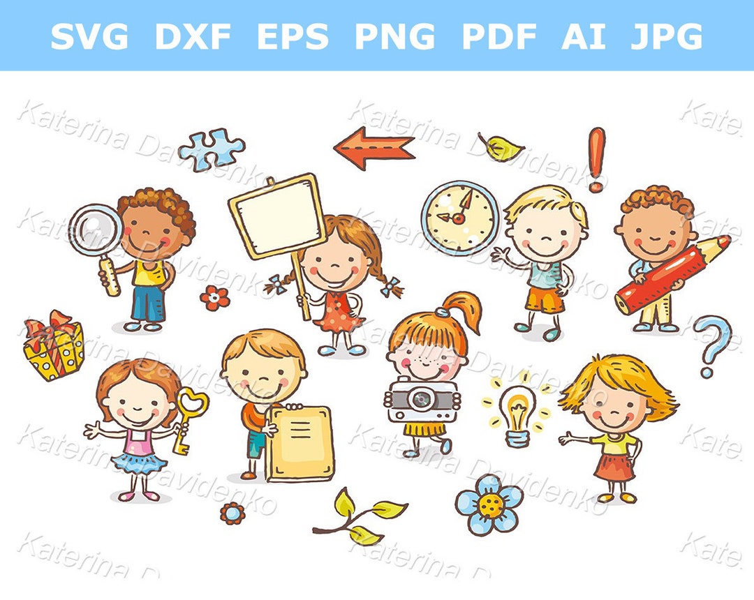Сartoon Kids Clipart Children Holding Clock, Banner, Book, Pencil - Etsy