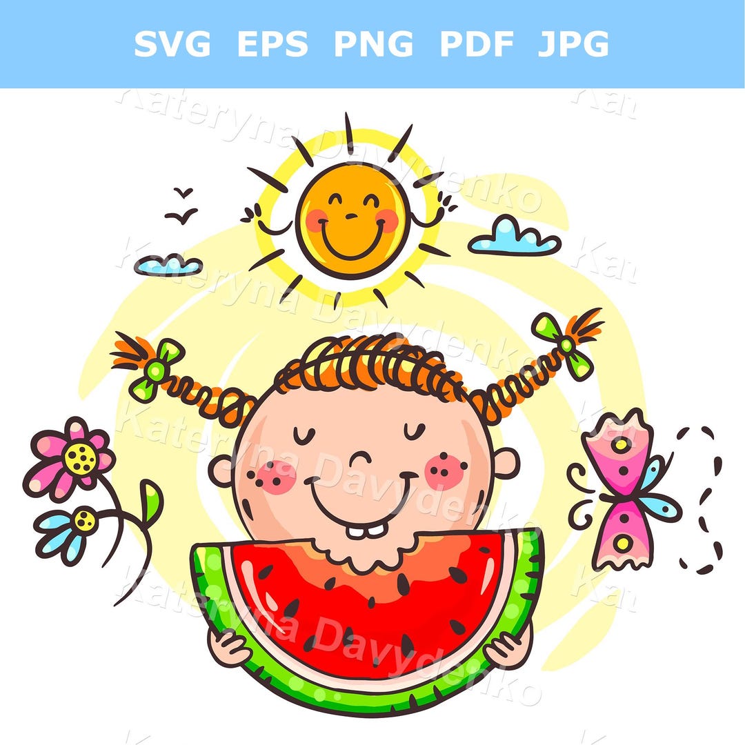Cute Cartoon Little Girl Eating Watermelon. Summer Season Clipart ...
