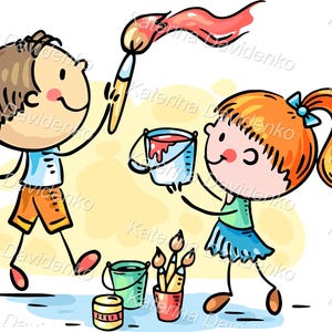 Set of Cartoon Two Kids Communication and Common Activities Clipart ...