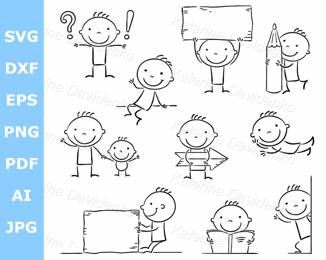 Line Drawing of a Cartoon Kids in Different Poses With Signs, Banners ...