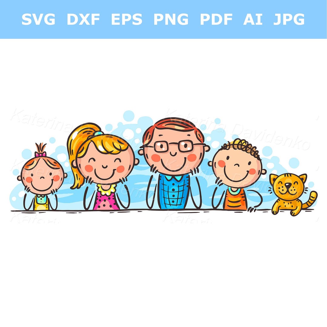 Happy Doodle Family Border. Cartoon Parents and Children in a Row ...